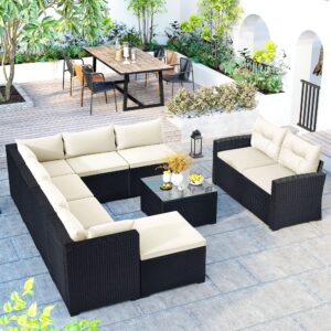 quarte 9-piece outdoor patio furniture large sofa set with cushion and glass table, pe wicker rattan garden sectional conversation sofa set for backyard/porch/poolside (beige+9)