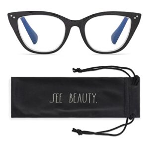 rae dunn "bella blue light blocking reading glasses w/see beauty signature font (glossy jet black, 2.0)