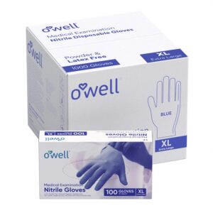 owell professional medical examination nitrile gloves, powder & latex-free disposable gloves, 4mil resistant blue medical glove, first aid med gloves, x-small size exam gloves, case of 1000 count