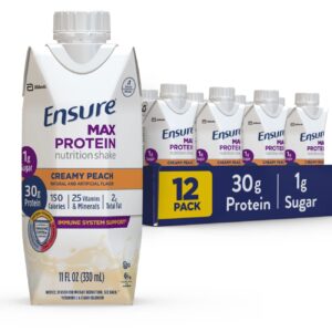 ensure max protein nutrition shake liquid, with 30g of protein, 1g of sugar, high protein shake, creamy peach, 11 fl oz - pack of 12