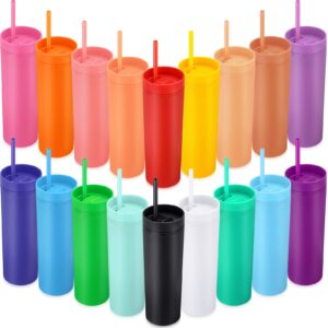 raiten 27 pieces skinny tumbler cups with lids and straws 16 oz acrylic tumblers bulk colored matte tumblers reusable double wall plastic mugs cold hot drinks water bottles for women teacher diy gifts