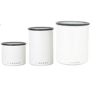 airscape steel coffee canister family - set of 3 - food storage container - patented airtight lid - push out excess air preserve food freshness (matte white, small, medium & large kilo)