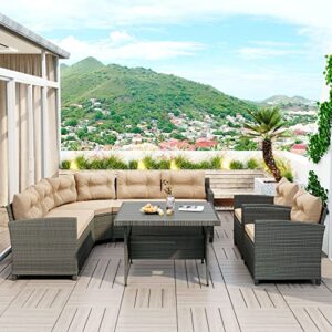 6-piece outdoor pe wicker sofa sectional sofa set, patio rattan dinning set, all weather conversation set with thick cushions and pillows for garden lawn, backyard, poolside (gray+beige cushion)