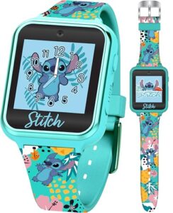 disney stitch kids smart watch with 10 customizable faces, camera, voice recorder, alarm, calculator, and step counter – touchscreen interactive watch for kids – colorful silicone strap