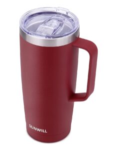 sunwill insulated coffee tumbler with lid, travel coffee mug with handle 24oz, double wall stainless steel tumbler, thermal reusable cup outdoor, powder coated wine