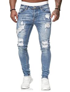 hungson men's blue slim fit jeans stretch destroyed ripped skinny jeans side striped denim pants(llblue,30)