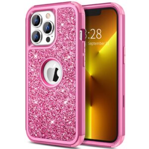 hython case for iphone 13 pro max case glitter, cute shiny bling sparkle cover, heavy duty 3 in 1 hybrid hard pc soft tpu bumper full body shockproof protective phone cases for women girls, rose red