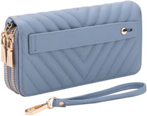 b brentano vegan leather double zipper pocket wallet with grip hand strap (chevron embroidered blue)