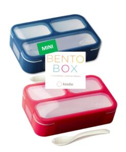 kinsho snack containers - small bento lunch box for kids girls boys toddlers | mini leakproof boxes, baby bentobox for school daycare travel, portion containers, 2 pack, red navy blue