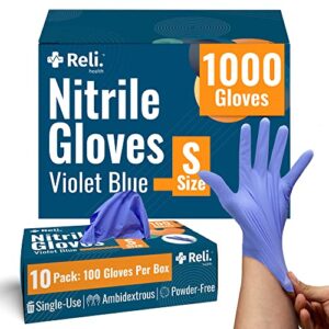 reli. nitrile gloves, small | 1000 pack bulk - violet blue | disposable gloves - powder free, latex free |single-use nitrile for cleaning, automotive, salon| iris blue, food safe