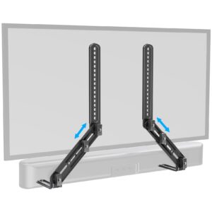 elived soundbar mount, sound bar tv bracket, for mounting above or under tv, fits most sound bars up to 15 lbs, tool-free knob adjustable, for 23-90" tvs with detachable extension arms and l-brackets