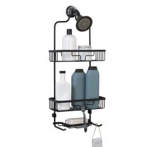 zenna home rustproof shower caddy hanging bathroom organizer, aluminum shower rack with 2 shelves and built in hooks, premium over shower head storage system, black