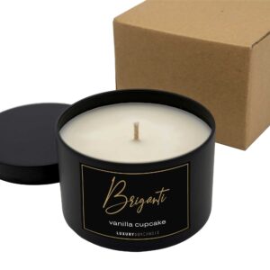 briganti vanilla cupcake luxury soy candle, scented home decor | natural soy wax infused w/essential oils - vanilla bean + buttercream + cake + bourbon | 8oz premium black tin