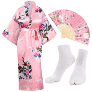 heone japanese long kimono satin peacock printed lightweight cardigan jacket coat loose yukata cloak bathrobe tops folding fans tabi socks set(coralred xl-5xl)