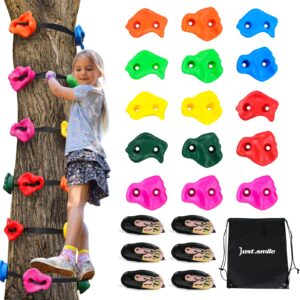 just.smile climbing hold for kids outdoor-ninja tree climbing rocks 15 pcs with 6 ratchets-climbing grip kits for ninja warrior obstacle course