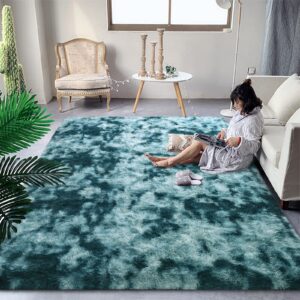 dweike fluffy modern area rugs for living room bedroom, 3x5 ft plush high pile rug for kids girls room nursery home decor, upgrade non-slip girls bedroom soft indoor rug, tie-dyed peacock blue