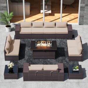 asjmr outdoor patio furniture set with gas fire pit table, 13 pieces outdoor furniture set patio sectional sofa w/43in propane fire pit, pe wicker rattan patio conversation sets (sand)