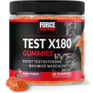 force factor test x180 gummies testosterone booster for men with tongkat ali, horny goat weed, tribulus terrestris, fenugreek, & black maca, supplement men, berry punch, 60 gummies, 1-pack