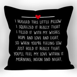 xuiswell inspirational quotes i hugged this little pillow hug black throw pillow cover, long distance relationship gifts for women men, cushion case for sofa bed home decor 18 x 18 inch