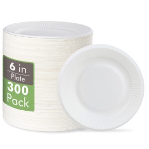 vplus 100% compostable small paper plates, 300 pack 6 inch disposable paper plates, uncoated biodegradable plates made of sugar cane fibers, perfect for sandwich, cake, and snack