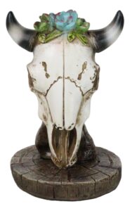 ebros gift southwest aged bone bull cow steer head skull with floral succulents sculpture on round wooden slice base as bisons steers cows fossil faux taxidermy rustic western decor sculpture