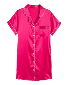 hupohoi girls satin pajamas dress button down silky sleepwear nightgown short sleeve nightshirt dresses, rose, 12