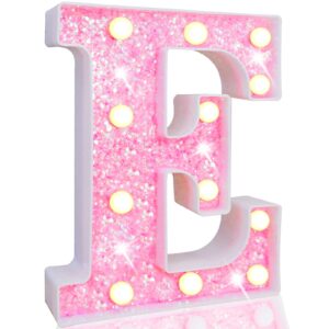 pooqla led marquee letter lights, light up pink glitter alphabet letter e sign battery powered for night light birthday party wedding girls gifts home bar christmas decoration