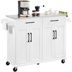 yaheetech kitchen island cart with storage & stainless steel countertop, portable kitchen island on wheels with cabinet & adjustable shelves & 2 drawers, rolling island table for kitchen, white