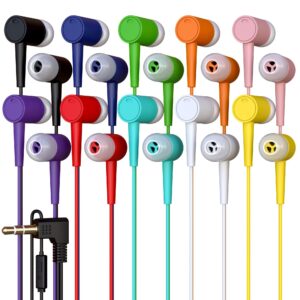 10 pack bulk headphones, wired earbuds for kids, teens, adults, affordable in-ear with microphone, 3.5mm plug, perfect for schools, classrooms, libraries, multipack for wholesale, multi color