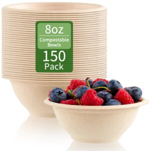 zorrita 150 pack 8 oz paper bowls disposable small compostable soup bowls natural sugarcane biodegradable bowls for ice cream, desserts, pet food