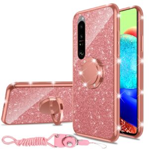 nancheng for sony xperia 1 iii phone case (2021) with ring kickstand lanyard shockproof protection cover - rose gold