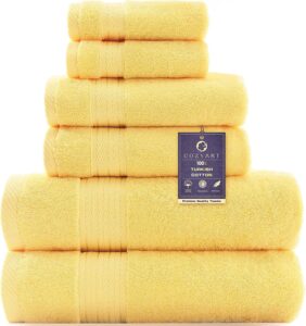 cozyart light yellow luxury bath towel set, turkish cotton hotel towel bulk for bathroom, thick bathroom set of 6 pcs with 2 large bath towels, 2 hand towels, 2 washcloths, 650 gsm.