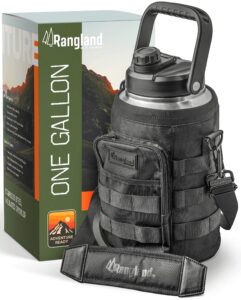 rangland insulated 1 gallon water bottle with sleeve - stainless steel wide mouth growler with tactical carrying bag - insulation for hot/cold drinks (128oz)