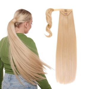 inh hair miya ponytail extension 26 inch long clip in wrap around straight pony tail hairpiece for women | synthetic clip on faux piece | champagne blonde