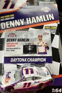 2021 authentics denny hamlin #11 wave rw2 daytona win 1/64 scale diecast with victory lane trading card... car measures 3" long x 1 " wide x 1" tall