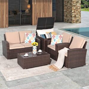 joivi pe wicker patio furniture set, 5 piece outdoor sectional conversation sofa set with storage box, brown rattan loveseat couch sofa and tempered glass table, beige cushions