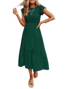 merokeety women's summer casual short sleeve round neck smocked high waist flowy sun midi dress,forestgreen,l