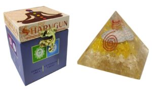 sharvgun orgonite pyramid citrine & clear flower of life crystal orgone pyramid negative energy protection reiki chakra spiritual gift box, 4 crystal healing aura cleasing meditation pyramids