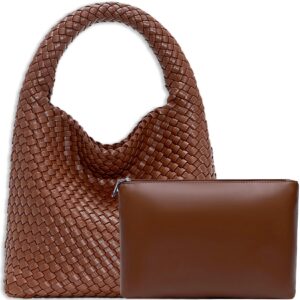 women vegan leather hand-woven tote handbag fashion shoulder top-handle bag all-match underarm bag with purse (brown)