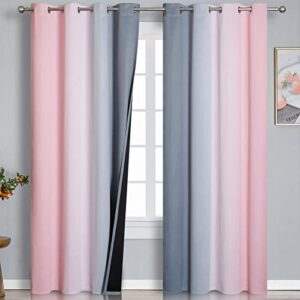 pink and grey blackout curtains 84 inch length,ombre full room darkening window curtains for living room,grommet thermal insulated drapes,light blocking curtains for girls bedroom,52x84 inch, 2 panels