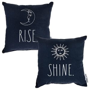 rae dunn decorative throw pillows, decor for living room and bedroom, 2 pack of 12x12 inch pillows, soft, throw pillows for couch, bed, chair, labelled rise, shine in signature font