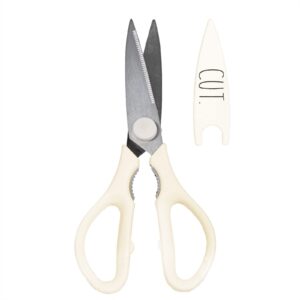 rae dunn kitchen scissors- stainless steel kitchen shears, cooking scissors for cutting meat, chicken, herbs and produce with blade cover and soft grip handles(white)