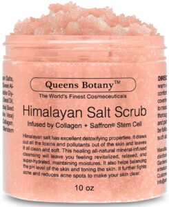 himalayan body scrub – infused by collagen, saffron stem cell & nourishing body oils -exfoliating salt scrub for body - win against aging, acne, eczema, psoriasis & dead skin scars- 10 oz