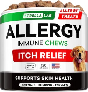 strellalab dog allergy relief & anti itch support chews w/omega 3: real ingredients, real taste! skin & coat immune supplement w/fish oil, pumpkin & enzymes — developed by experts - made in usa -120ct