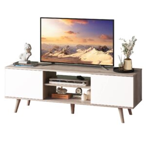 wlive tv stand for 55 60 inch tv, boho entertainment center with storage cabinets, tv console for living room decor, greige white