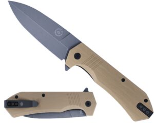 off-grid knives - stinger xl folding knife w. spear point blade, crucible 154cm steel, g10 scales, deep carry clip (coyote)