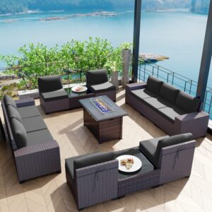 kullavik 13 pieces outdoor patio furniture set with 43" 55000btu gas propane fire pit table pe wicker rattan sectional sofa patio conversation sets,black