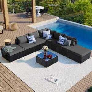 xd designs 8-pieces outdoor patio furniture sets, all weather pe wicker sectional sofa set with tempered glass table, garden conversation set with comfortable cushion (gray cushions)