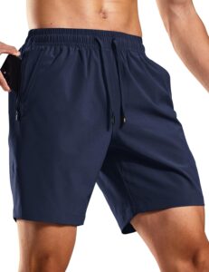 mier men's 7 inch dry fit athletic running shorts with zipper pockets - no liner workout gym active shorts, navy blue, m