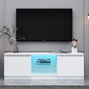 boloni white tv stand with led light for 55 inch tv, modern entertainment center stand with 2 drawer storage, media console cabinet with color-changing lighting for living room